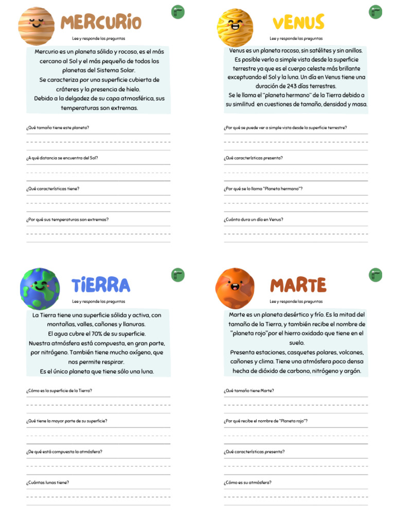 Pequeños Textos de Comprensión Lectora - Los Planetas | PDF | Atmósfera ...