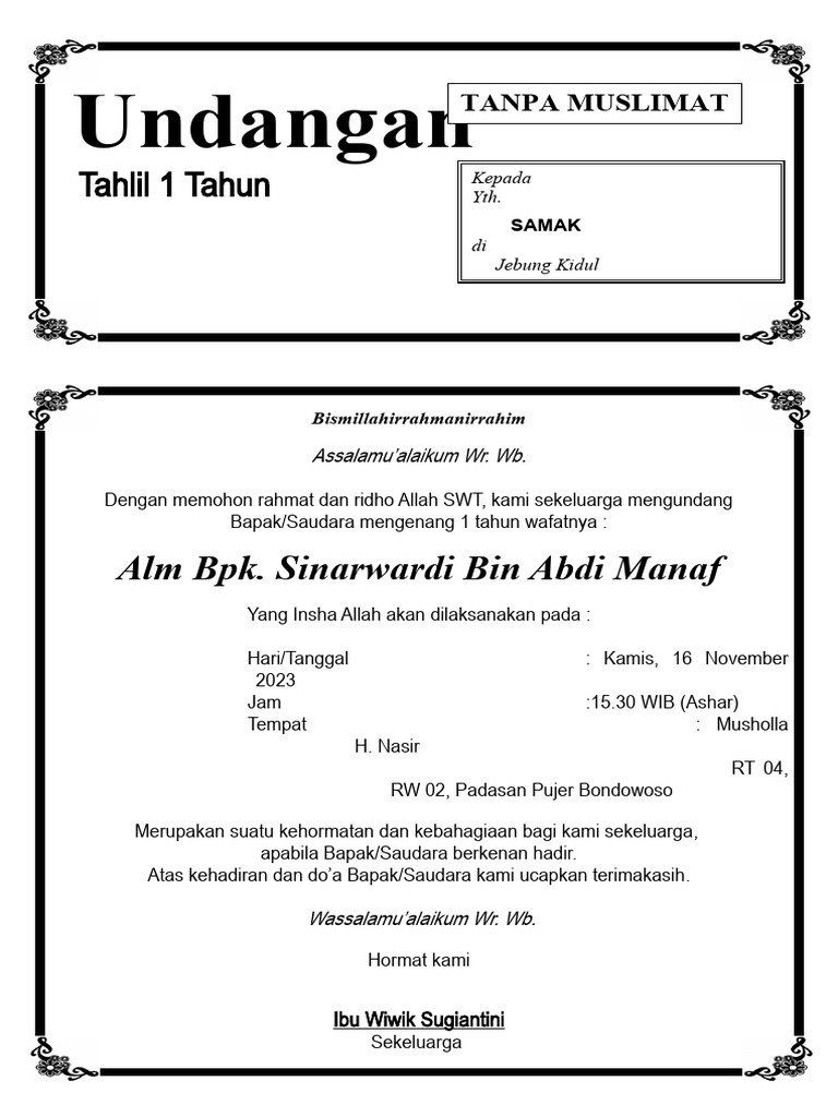 Undangan Tahlil 1 Tahun | PDF