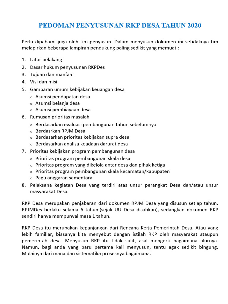 Pedoman Penyusunan RKP Desa Tahun 2020 | PDF