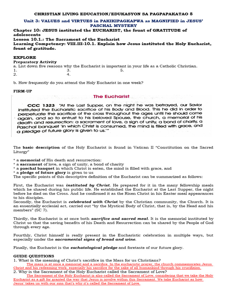 THIRD QUARTER GRADE 8 CLE ESP Module Lesson 1 and 2 | PDF | Eucharist ...