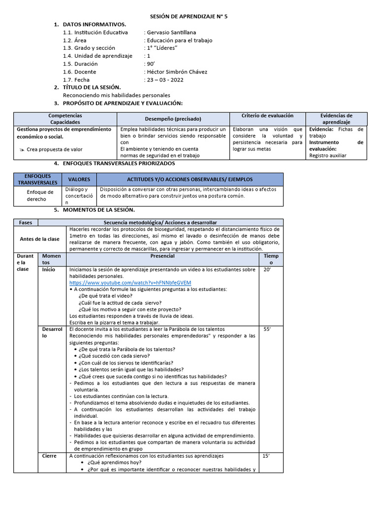 Sesión 5-Semana 2-EPT-1°-lideres | PDF | Evaluación | Aprendizaje