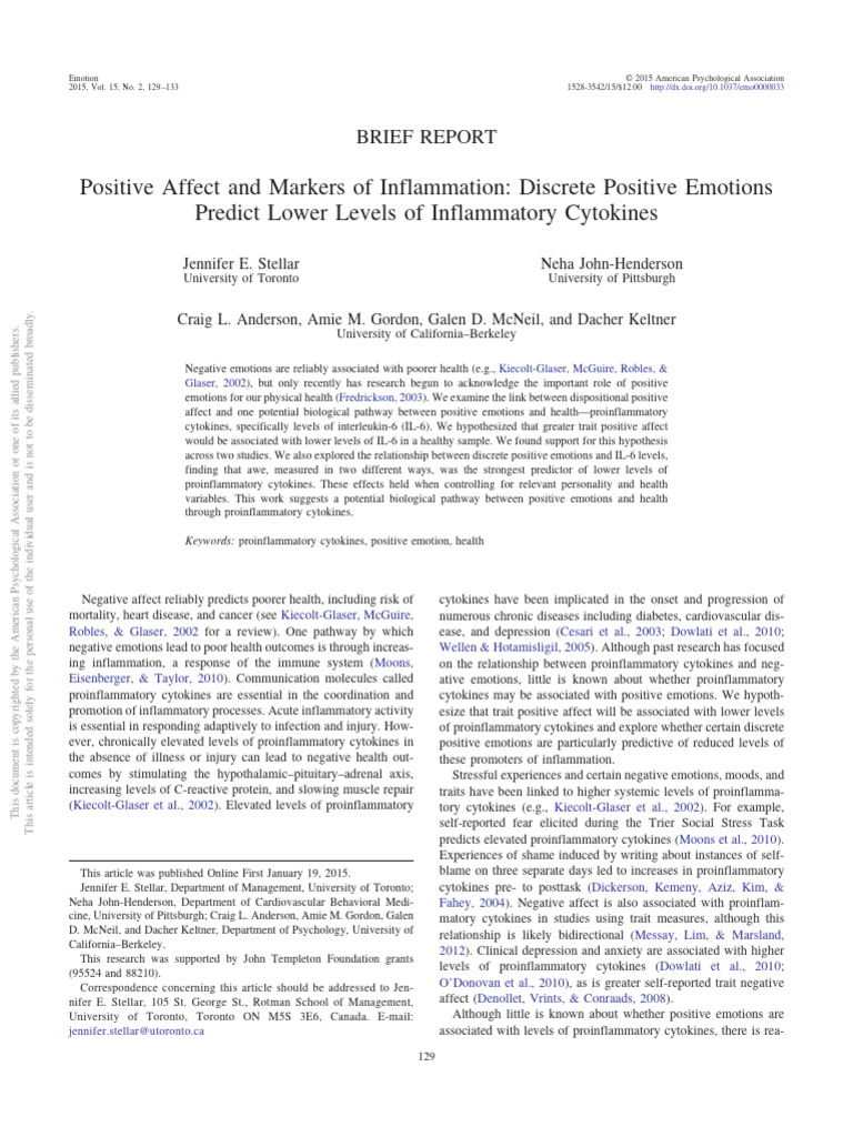 Positive Affect and Markers of Inflammation | PDF | Inflammation | Emotions