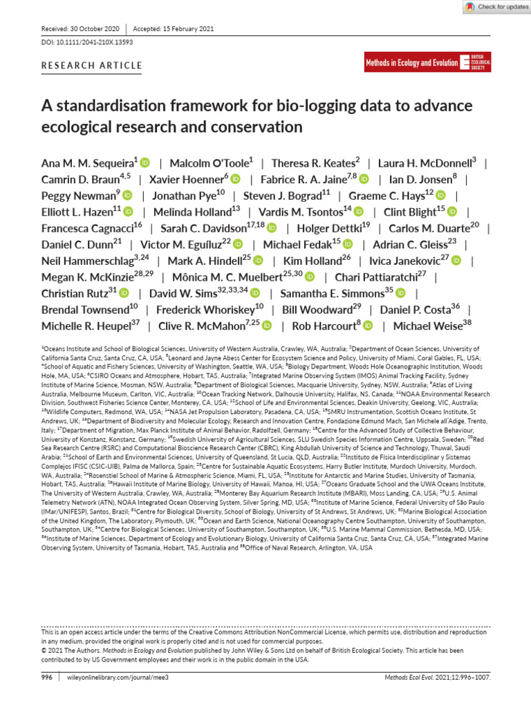 Methods Ecol Evol - 2021 - Sequeira - A Standardisation Framework For Bio Logging Data To ...