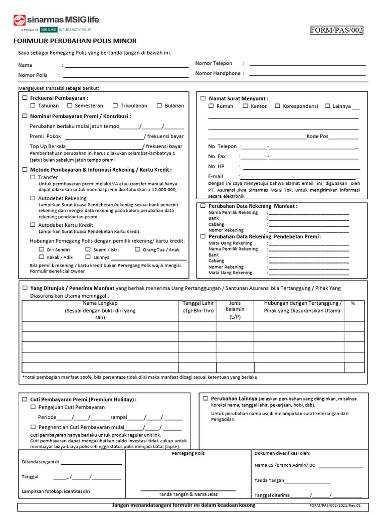 PAS002 - Form Perubahan Polis Minor | PDF