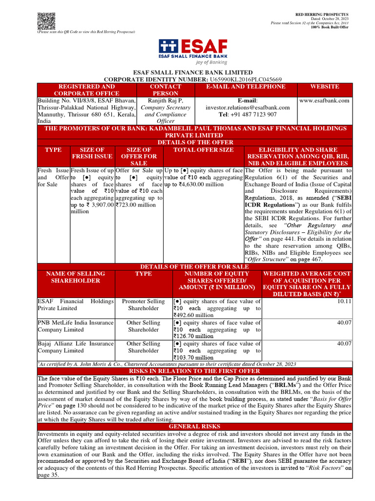 ESAF Small Finance Bank RHP | PDF | Stocks | Investing