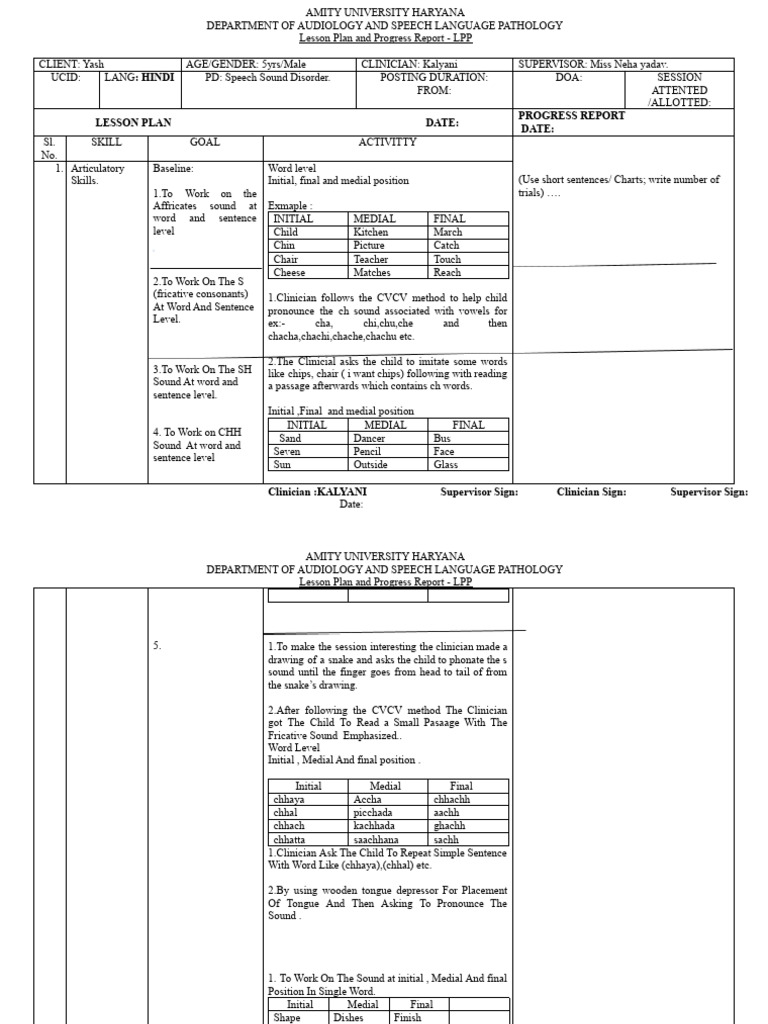 Lesson Plan of Yash (SSD) | PDF | Syllable | Human Voice