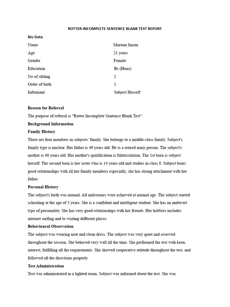 Rotter Incomplete Sentence Blank Test Report | PDF | Psychological ...
