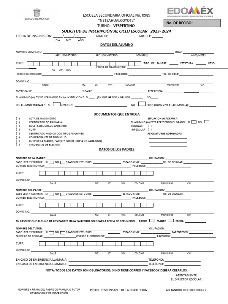 Solicitud de Inscripcion 2023-2024 t.m | PDF | Gobierno y personalidad