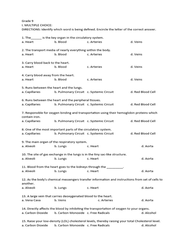 G9 Exam | PDF | Heart | Vein
