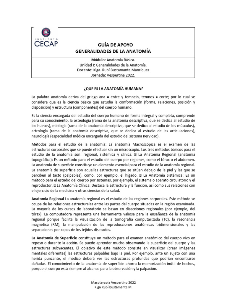 Anatomia Guia De Estudio Completa Pdf Términos Anatómicos De