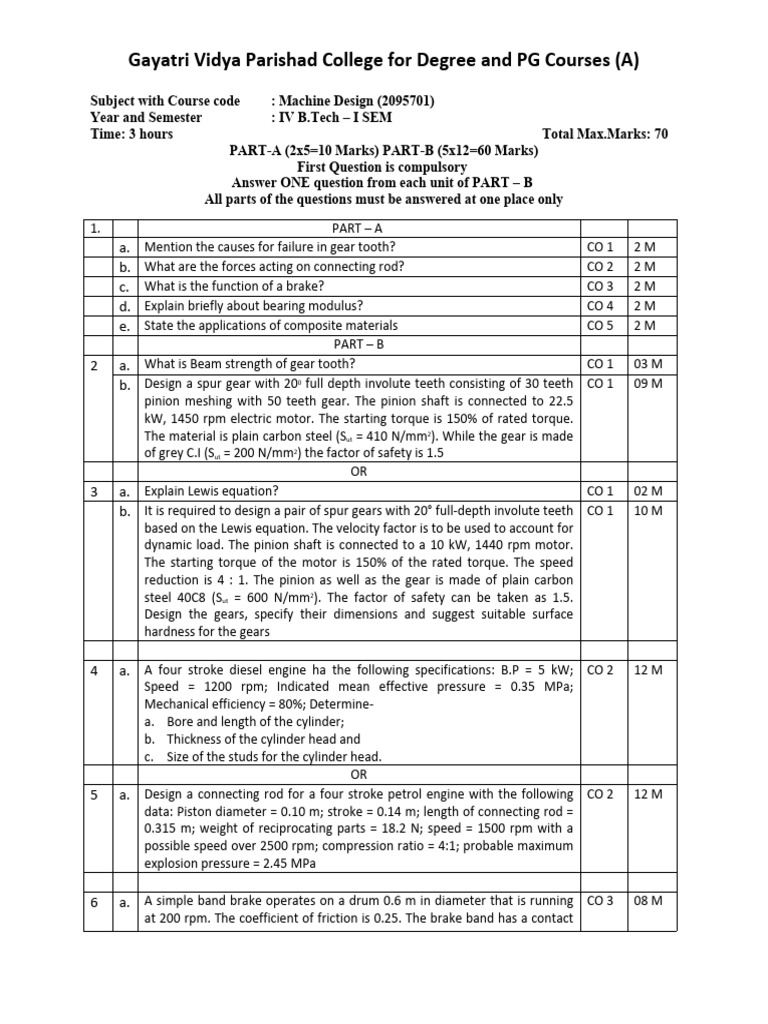 Machine Design Model Paper | PDF | Bearing (Mechanical) | Gear