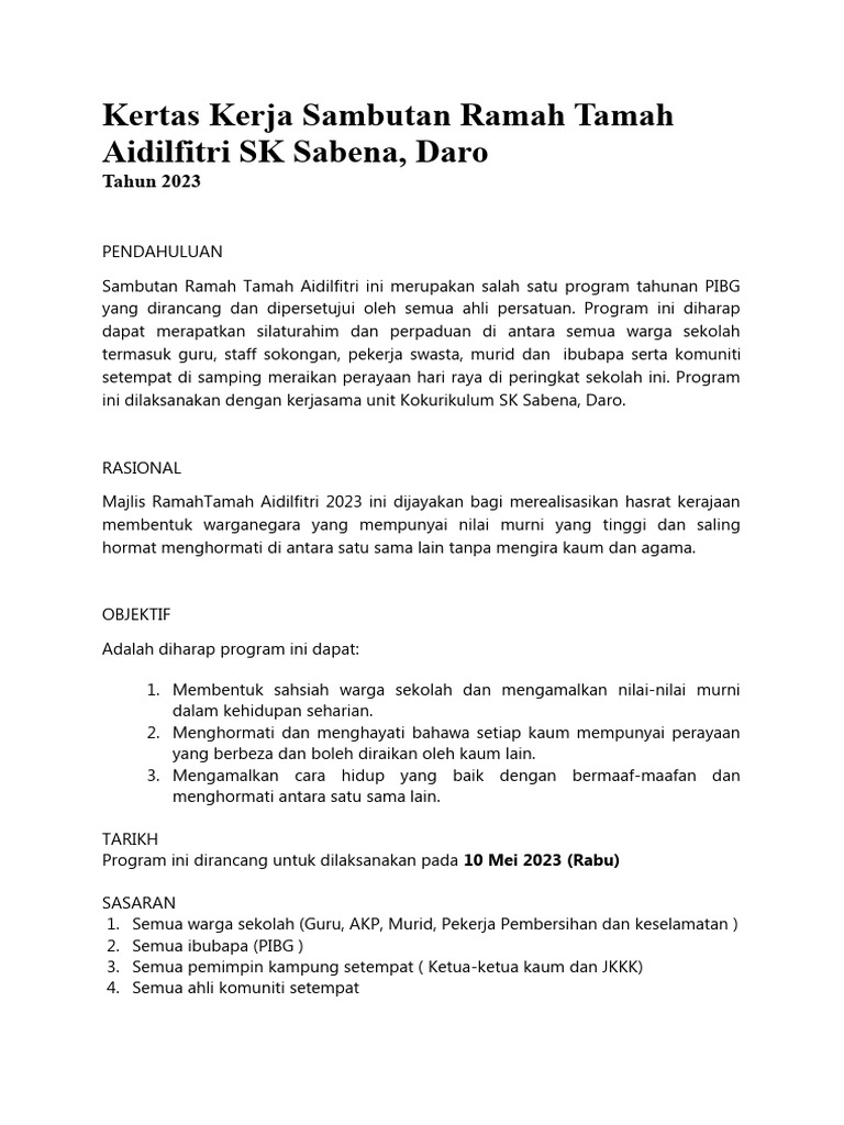 Kertas Kerja Sambutan Ramah Tamah Aidilfitri SK Sabena 2023 | PDF