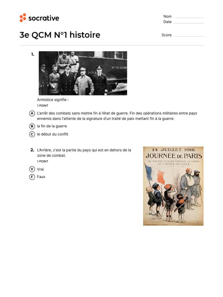 Quiz - 3e QCM N°1 Histoire | PDF | Allemagne nazie | Adolf Hitler