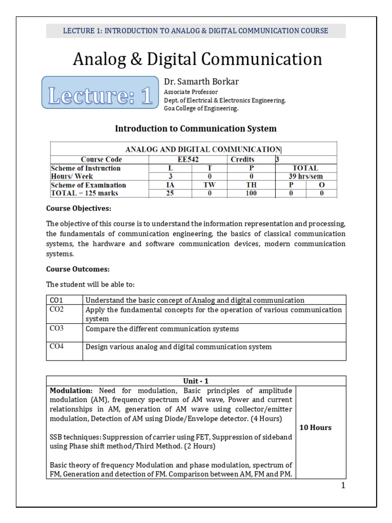 ADC Lecture Contents 1-2-3 Dr. Samarth Borkar | PDF | Modulation | Frequency Modulation