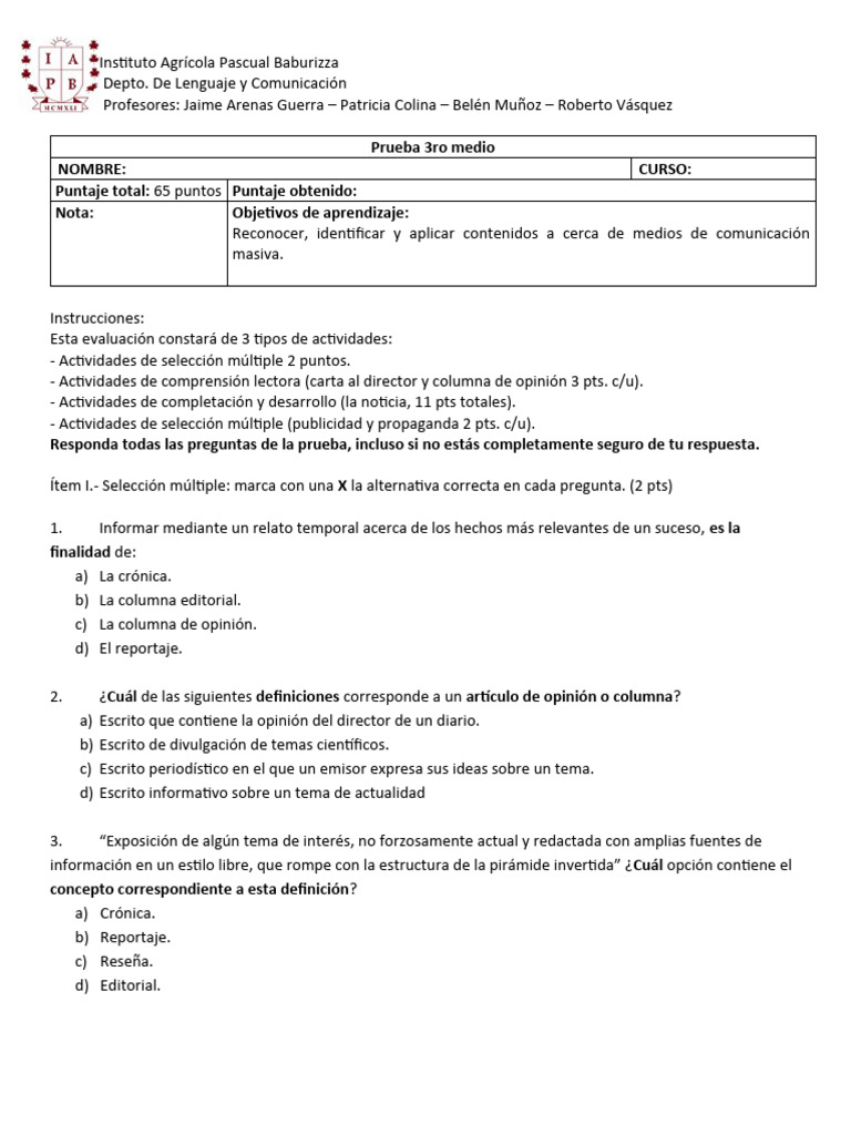 Prueba 3ro Tema 2 | Descargar gratis PDF | Medios de comunicación en masa | Televisión