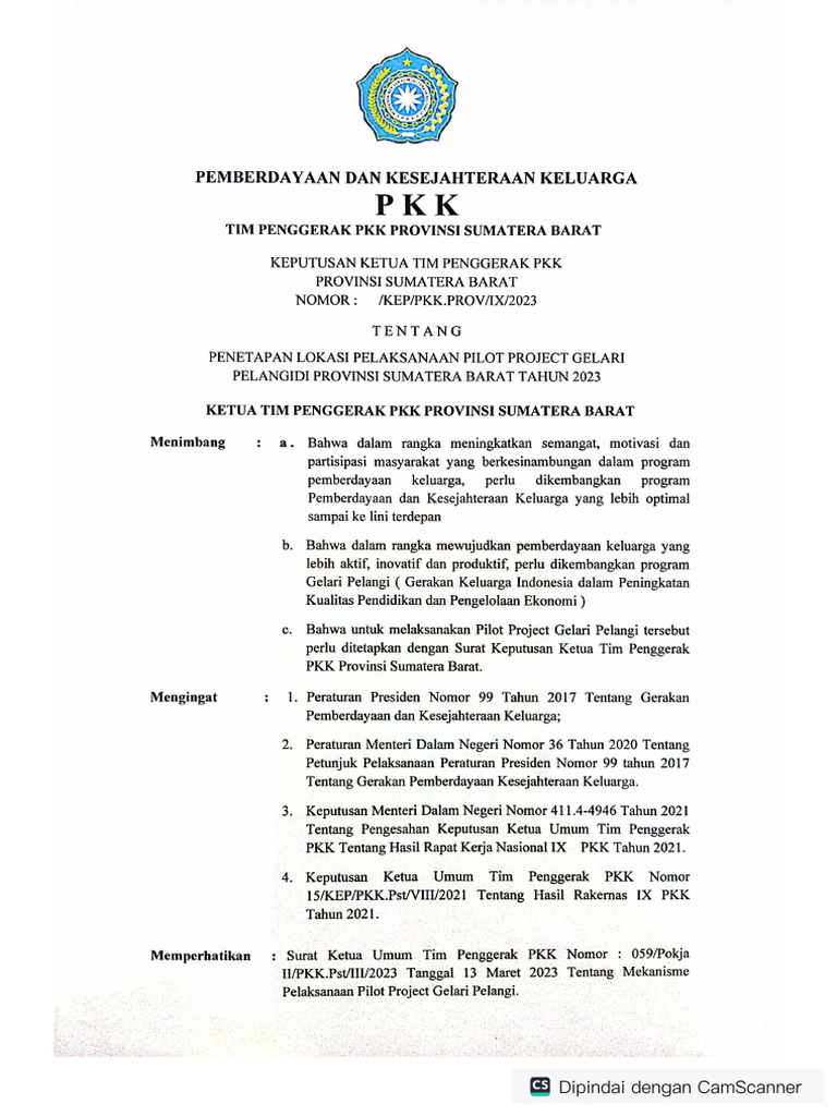 SK Pilot Project Gelari Pelangi Prov Sumbar | PDF