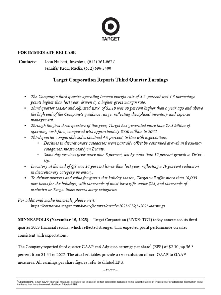 Target Corporation Reports Third Quarter Earnings | PDF | Dividend ...