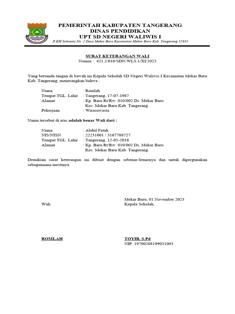Surat Keterangan WALI MURID | PDF