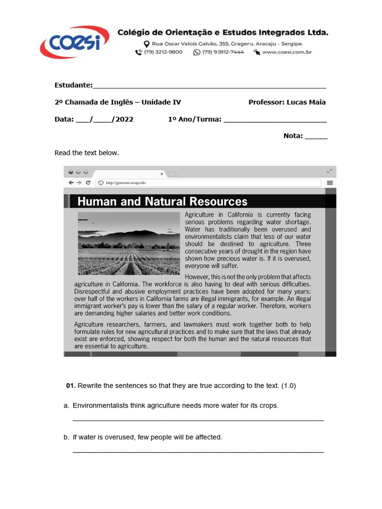 Prova de Inglês - 1º Ano - IV Unidade - II Chamada | PDF | Linguistic Typology | Semantic Units