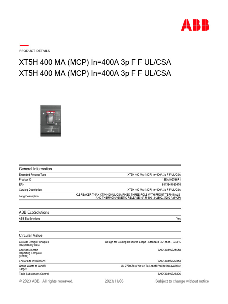 1SDA102536R1 xt5h 400 Ma MCP in 400a 3p F F Ul Csa | Download Free PDF | Electronics ...