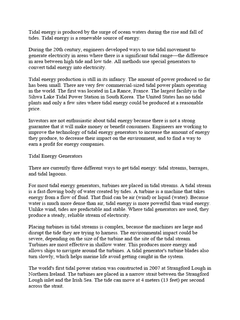 Tidal Energy Is Produced by The Surge of Ocean Waters During The Rise ...