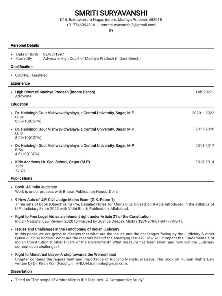 Smriti Suryavanshi's CV | PDF | Judiciaries | Governance