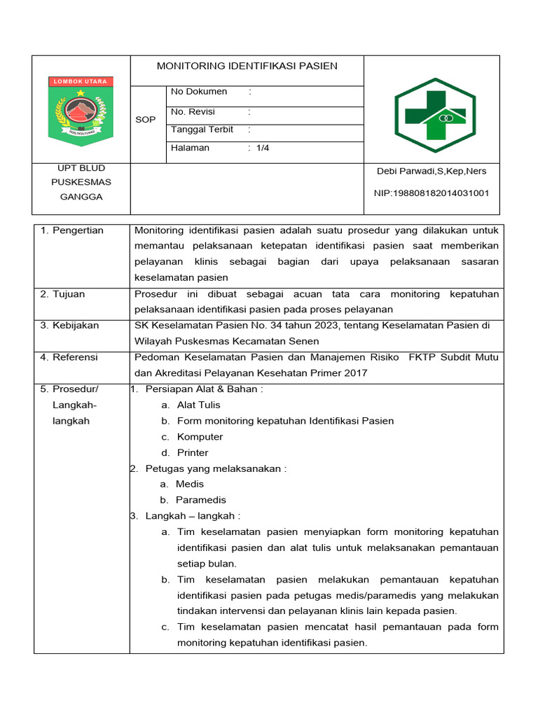 Sop-Kp-14 Monitoring Identifikasi Pasien 2023 | PDF