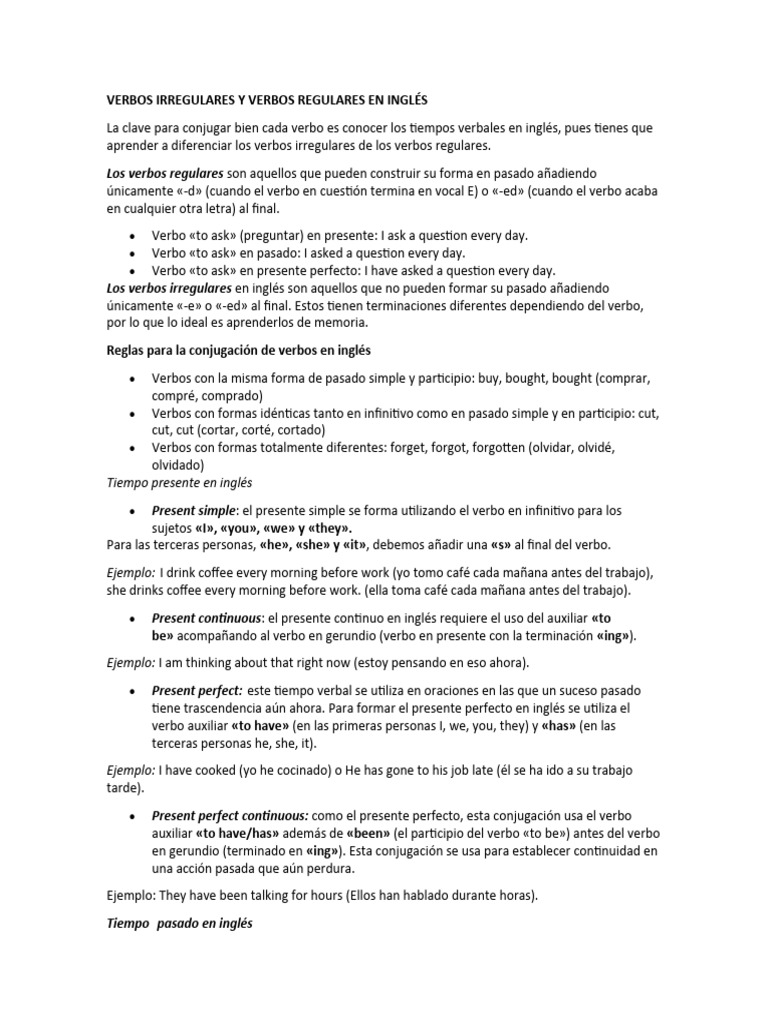 Verbos Irregulares Y Verbos Regulares En Inglés Pdf Verbo