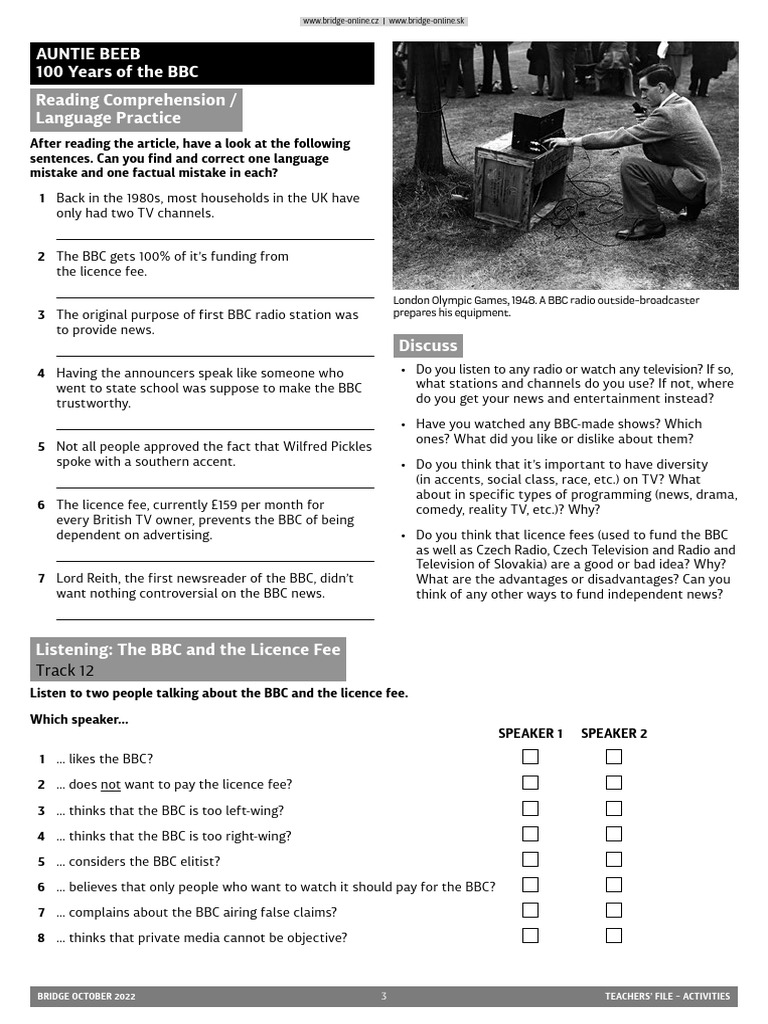 Auntie Beeb 100 Years of The BBC Reading Comprehension / Language ...