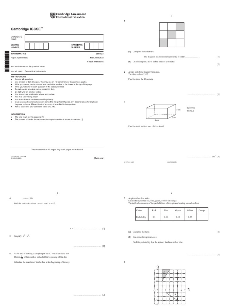 IGCSE Mathematics 0580 - 23 Paper 2 May-June 2023 | PDF | Numbers | Significant Figures