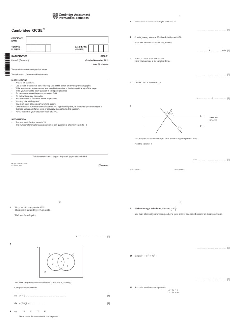 Igcse Mathematics 0580 21 Paper 2 Oct Nov 2022 Pdf Area Circle