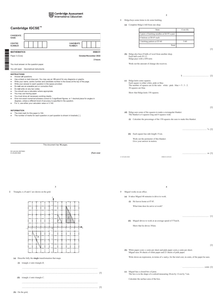 IGCSE Mathematics 0580 - 31 Paper 3 Oct - Nov 2022 | PDF | Circle ...