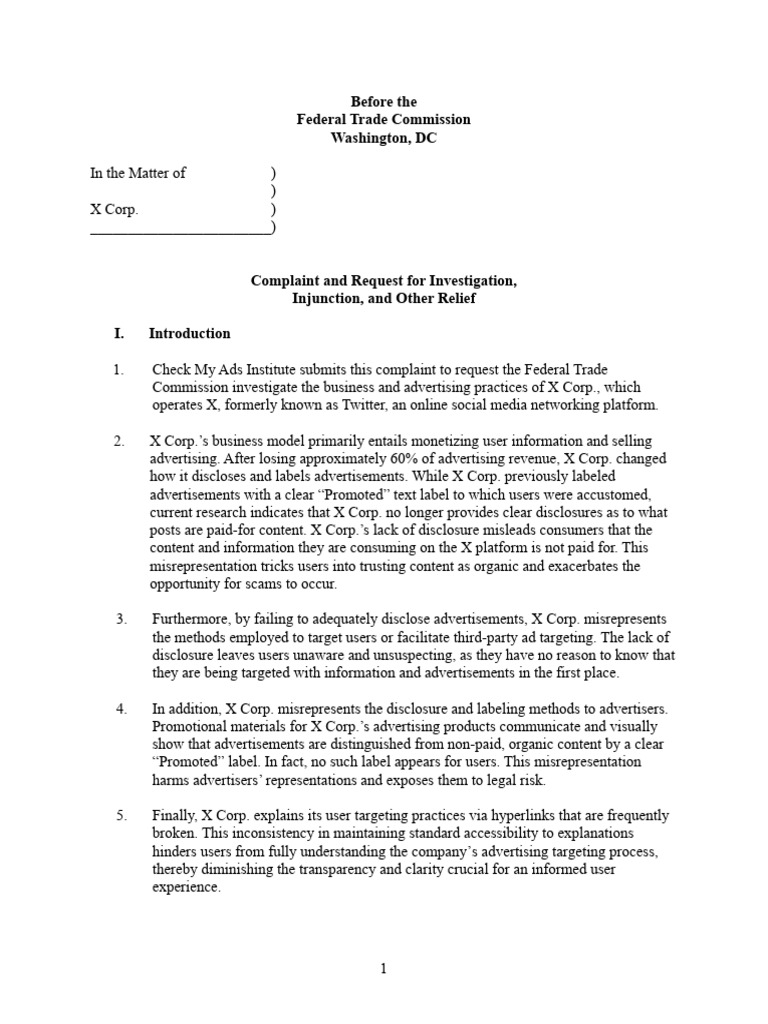 FTC Complaint Against X Corp. Practices | PDF | Federal Trade ...