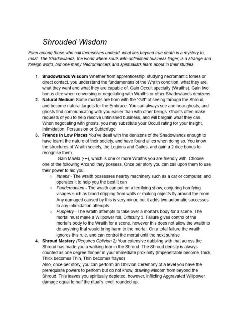 Shrouded Wisdom - Wraith Loresheet | PDF | Ghosts