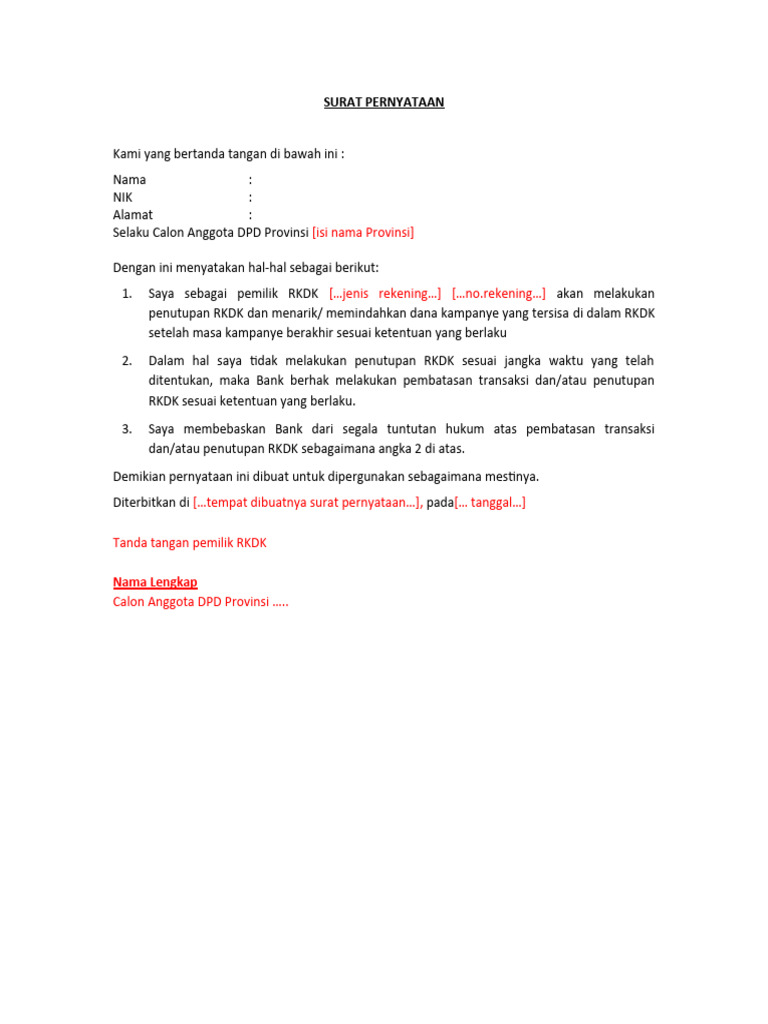 Template Surat Pernyataan RKDK DPD | PDF