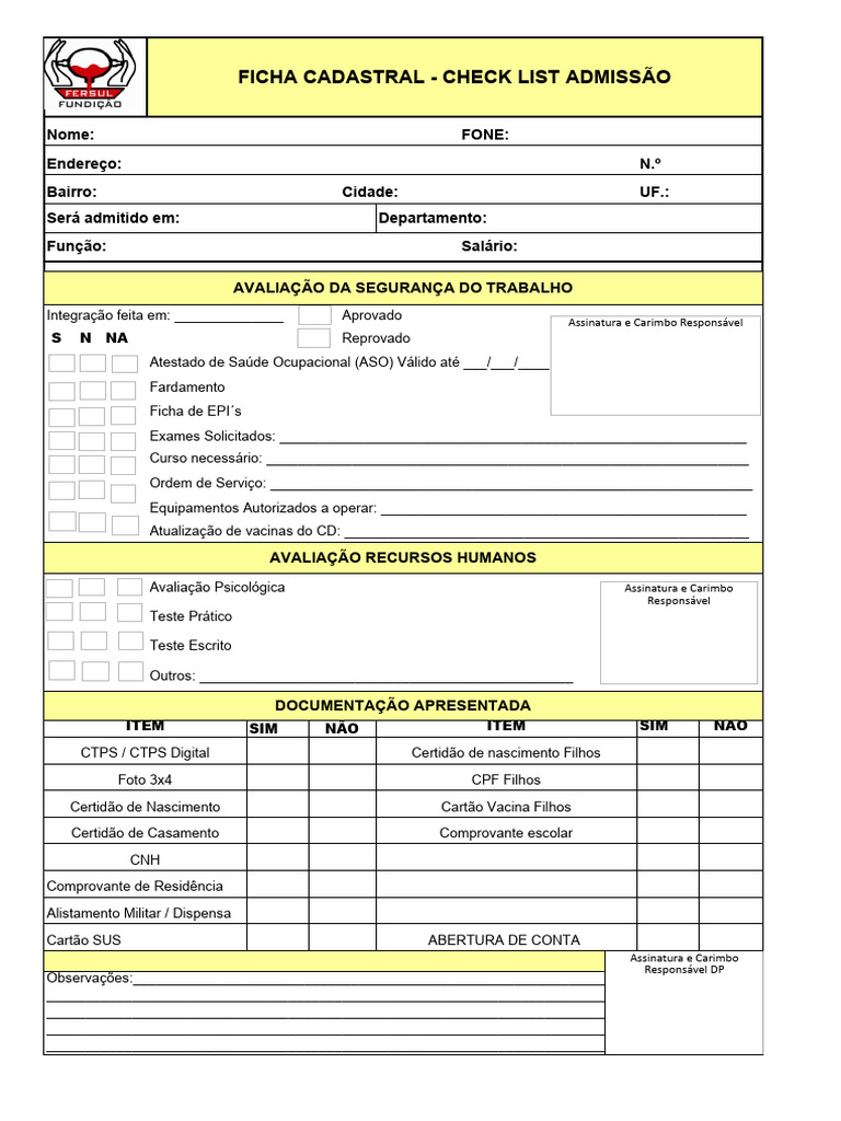 Ficha Check List Admissão Fersul | PDF