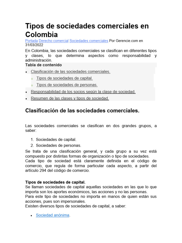 Tipos de Sociedades Comerciales en Colombia | PDF | Sociedad de responsabilidad limitada | Sociedad