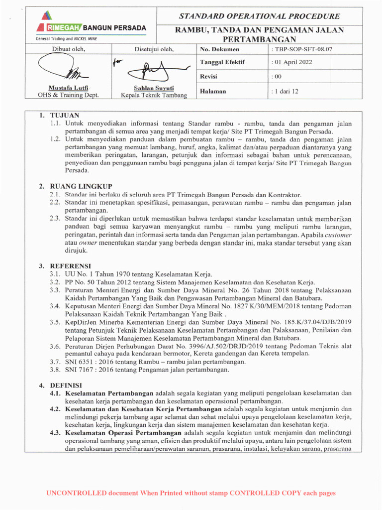 TBP-SOP-SFT-08.07 Rambu, Tanda, dan Pengaman Jalan Pertambangan | PDF