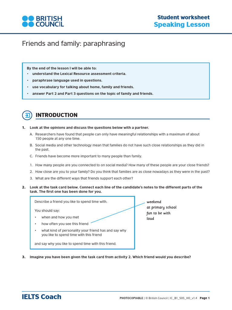 Friends and Family: Paraphrasing: Speaking Lesson | PDF | Verb | Social ...