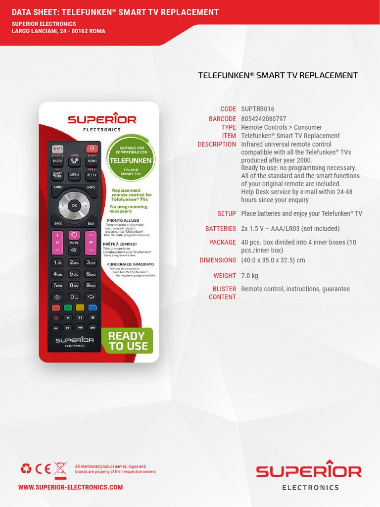 Telefunken Replacement Black DataSheet EN | PDF | Remote Control ...