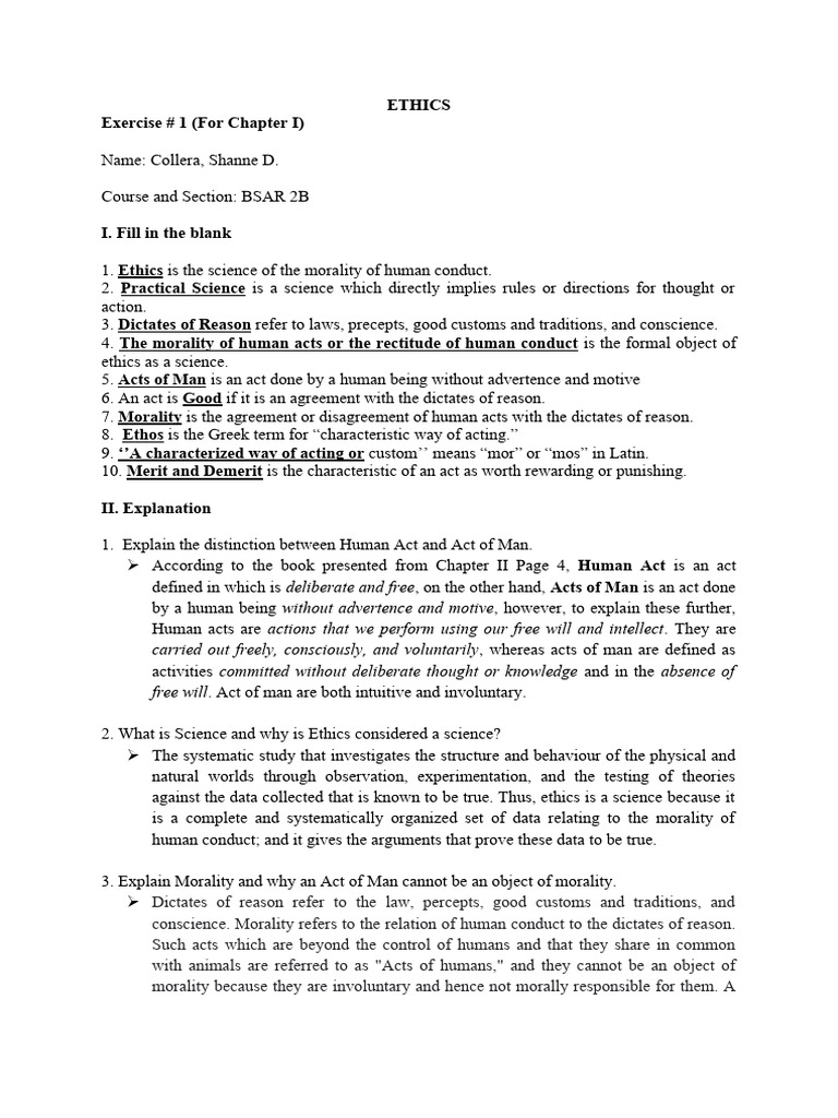 ETHICS Exercises 1&2 | PDF | Morality | Reason