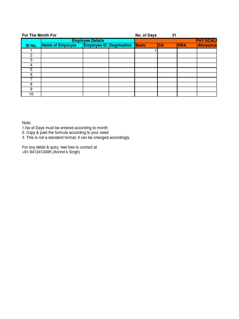 Monthly Salary Sheet Template | PDF