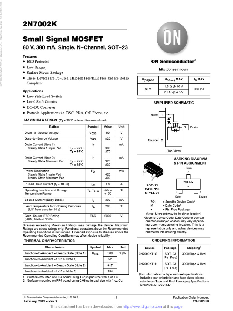 2N7002K Small Signal MOSFET: 60 V, 380 Ma, Single, N Channel, SOT 23 | PDF | Field Effect ...