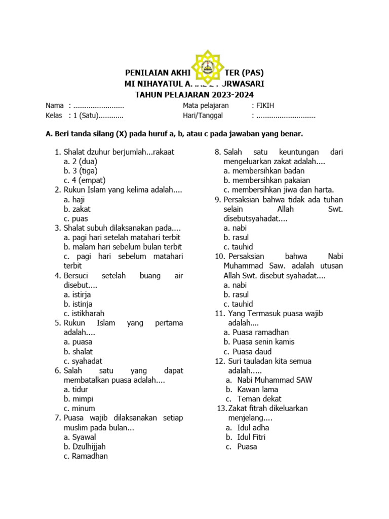 Soal Pas Fikih Kelas 1 Siti Hodijah | PDF