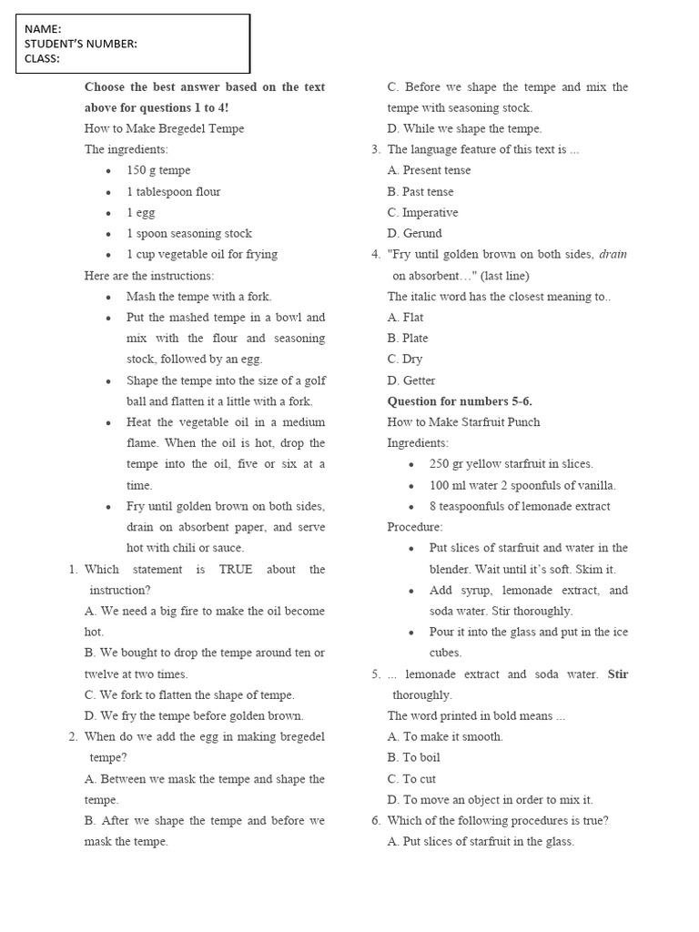 soal ulangan harian procedure text kelas 10 | PDF | Cakes | Drink