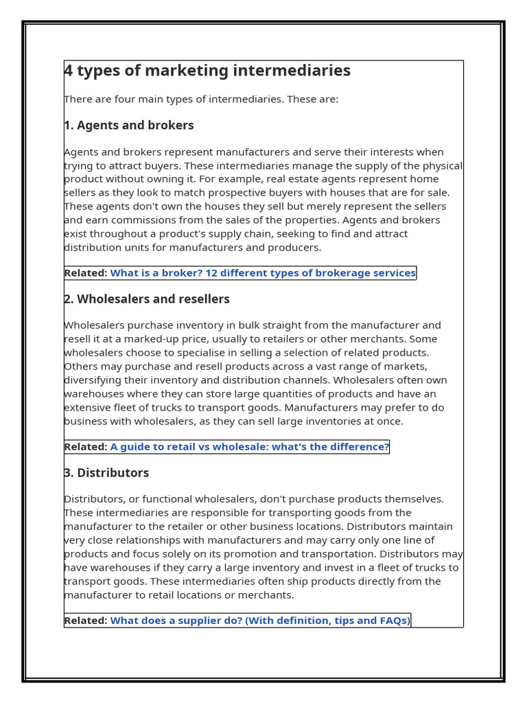 Four Types of Marketing Intermediaries | PDF | Retail | Marketing