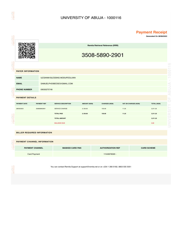 University of Abuja Payment Receipt | PDF