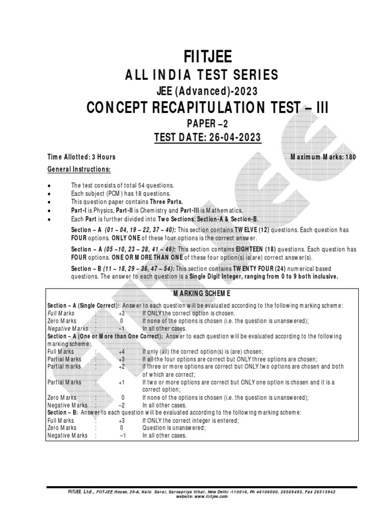 Aits 2223 CRT III Jeea LD Paper 2 | PDF | Magnetic Field | Electric Field