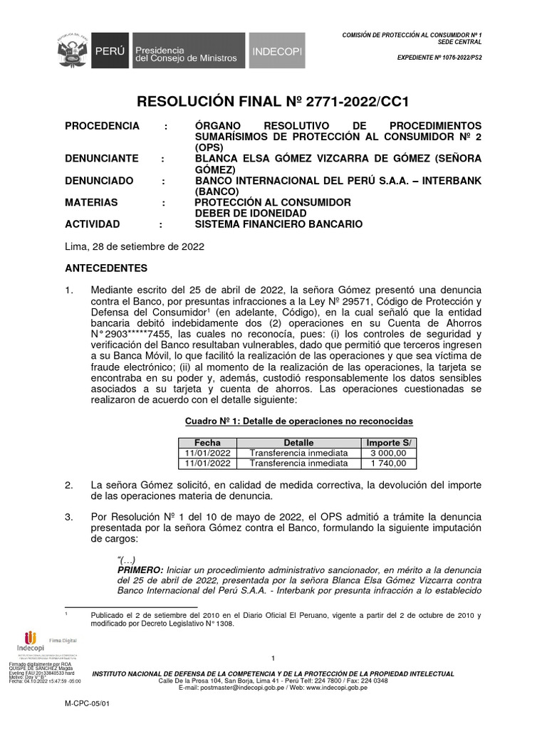 RESOLUCIÓN FINAL #2771-2022/CC1: Cuadro #1: Detalle de Operaciones No Reconocidas Fecha Detalle ...