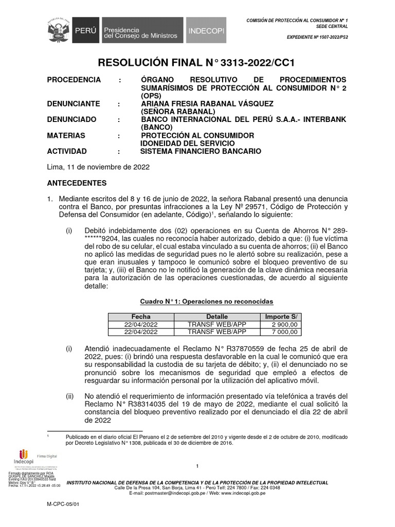 RESOLUCIÓN FINAL #3313-2022/CC1: Cuadro #1: Operaciones No Reconocidas Fecha Detalle Importe S ...